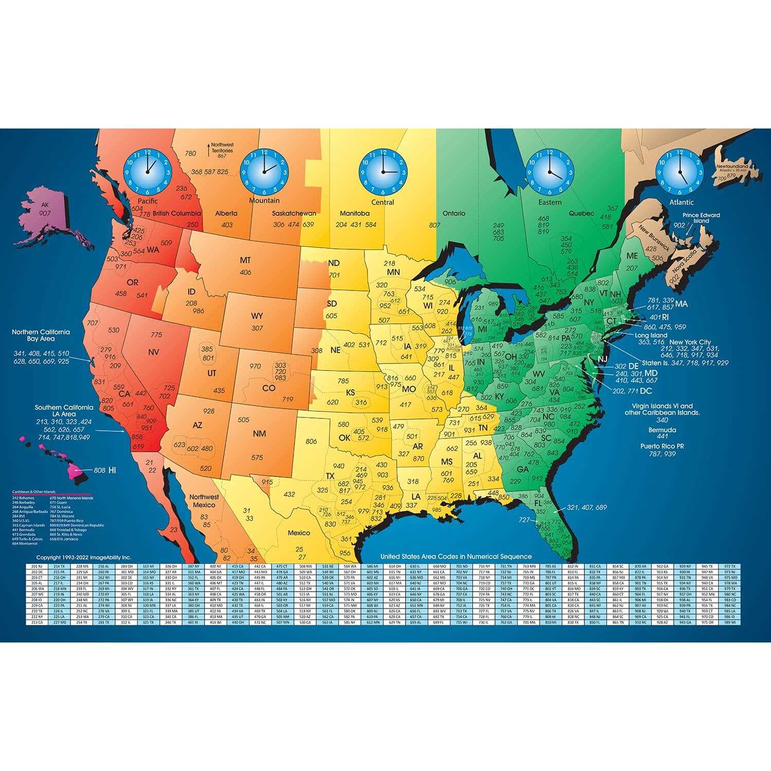 ImageAbility North America Full Color Time Zone Area Code Map - Home ...